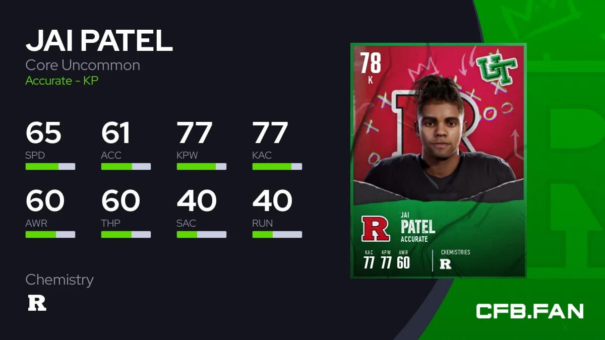 Jai Patel Core Uncommon 78 OVR - College Football 25 - CFB.FAN