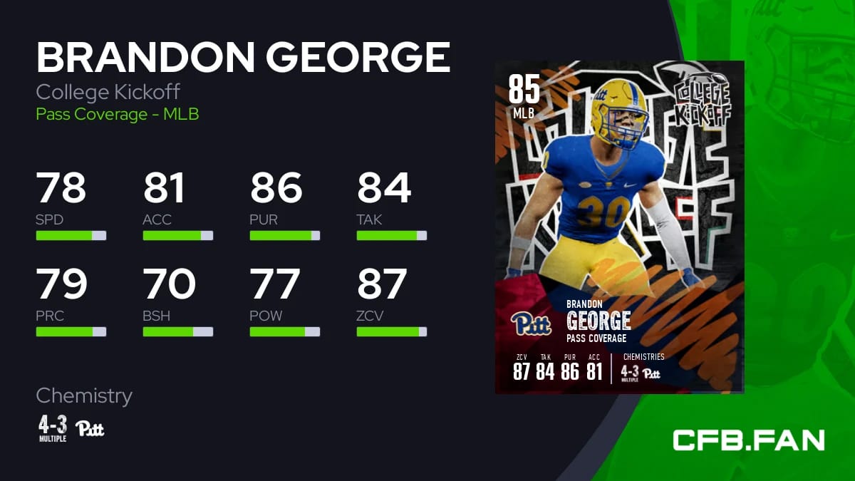 Brandon George College Kickoff 85 OVR - College Football 25 - CFB.FAN