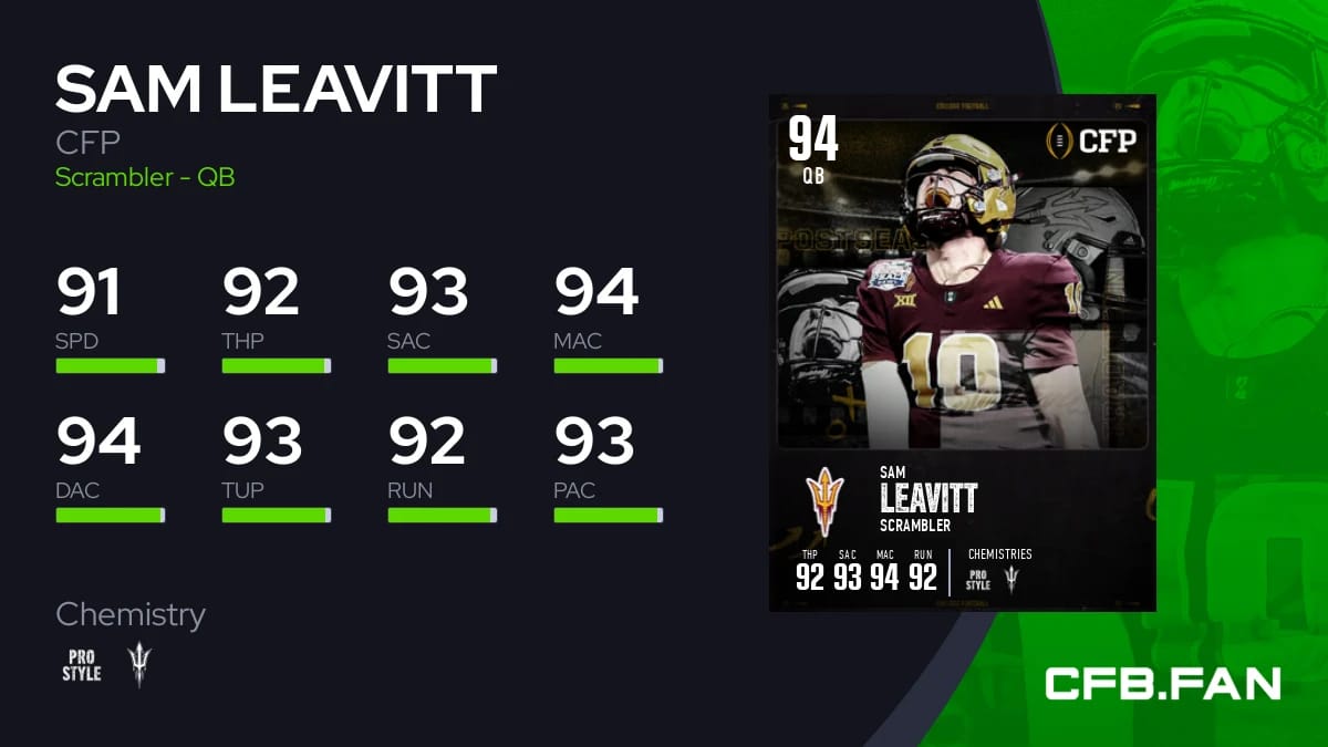 Sam Leavitt CFP 94 OVR - College Football 25 - CFB.FAN