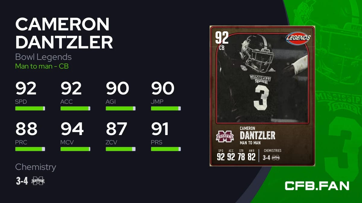Cameron Dantzler Bowl Legends 92 OVR - College Football 25 - CFB.FAN