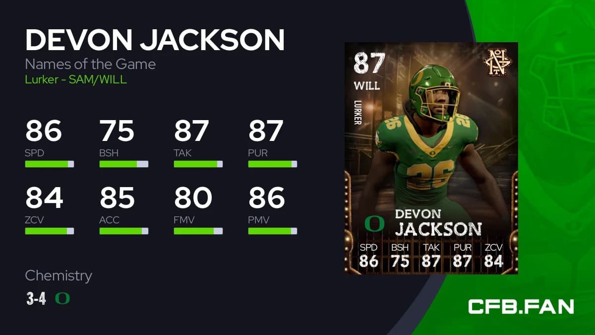Devon Jackson Names of the Game 87 OVR - College Football 26 - CFB.FAN