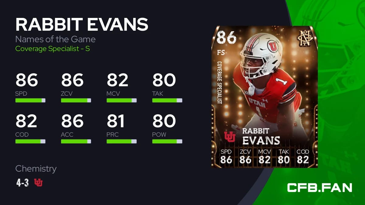 Rabbit Evans Names of the Game 86 OVR - College Football 26 - CFB.FAN
