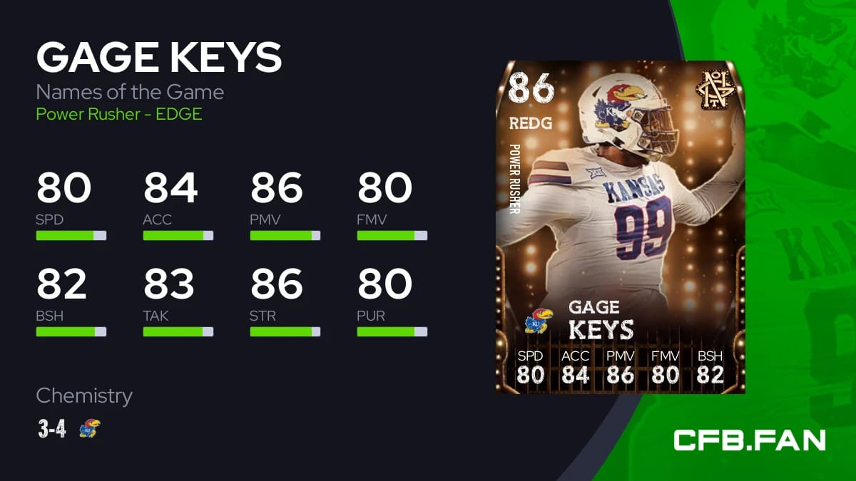 Gage Keys Names of the Game 86 OVR - College Football 26 - CFB.FAN