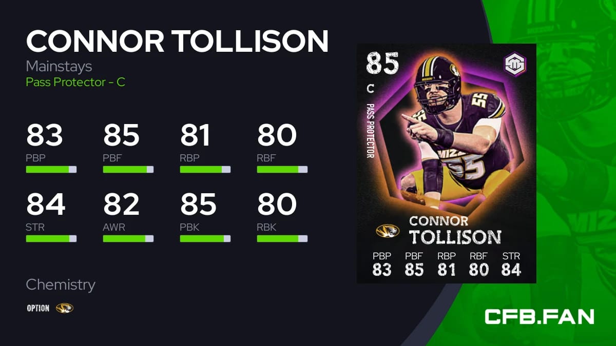 Connor Tollison Mainstays 85 OVR - College Football 26 - CFB.FAN
