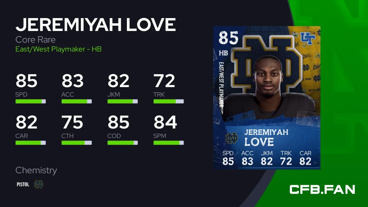 Jeremiyah Love Core Rare 85 OVR - College Football 26 - CFB.FAN