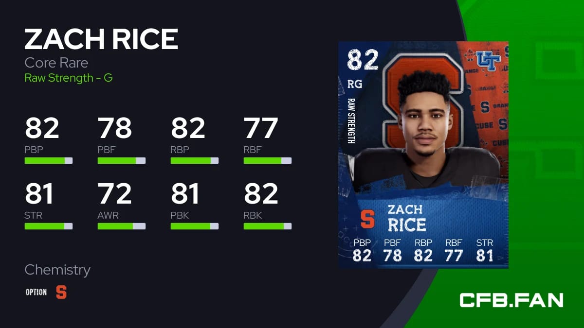 Zach Rice Core Rare 82 OVR - College Football 26 - CFB.FAN
