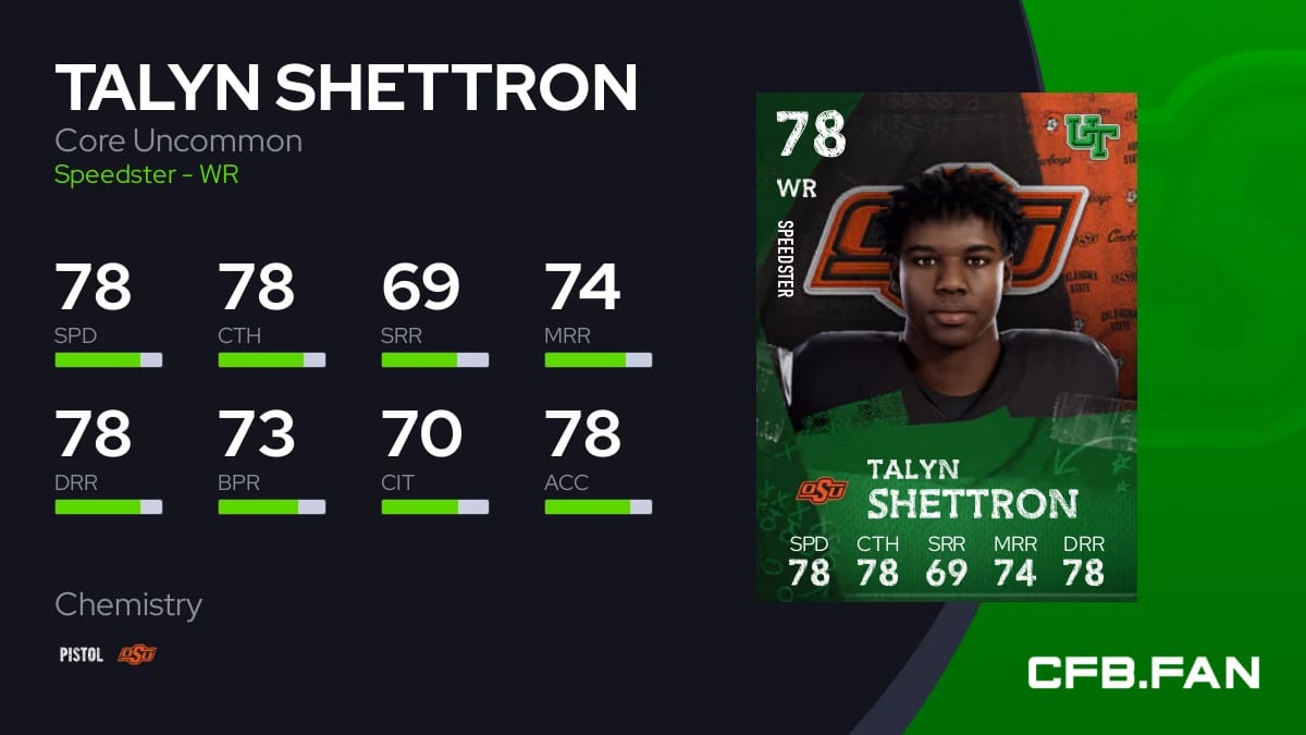 Talyn Shettron Core Uncommon 78 OVR - College Football 26 - CFB.FAN