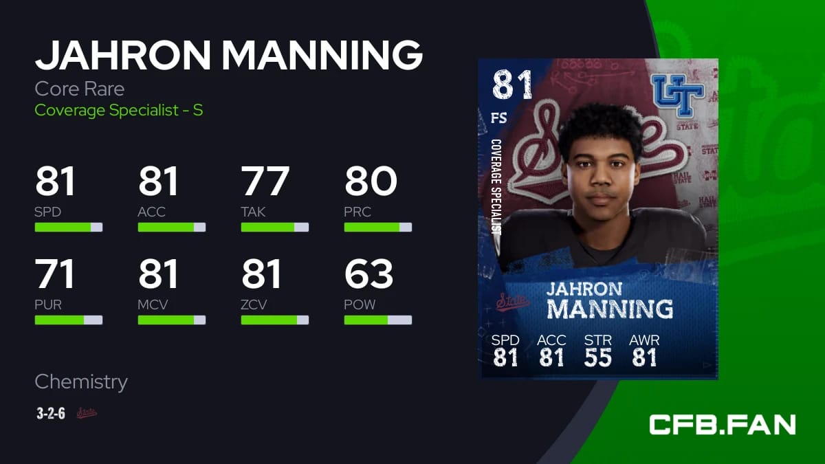 Jahron Manning Core Rare 81 OVR - College Football 26 - CFB.FAN