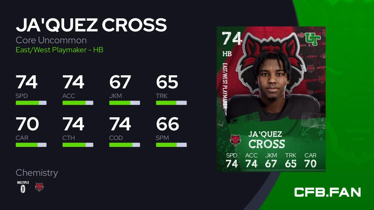 Ja'Quez Cross Core Uncommon 74 OVR - College Football 26 - CFB.FAN