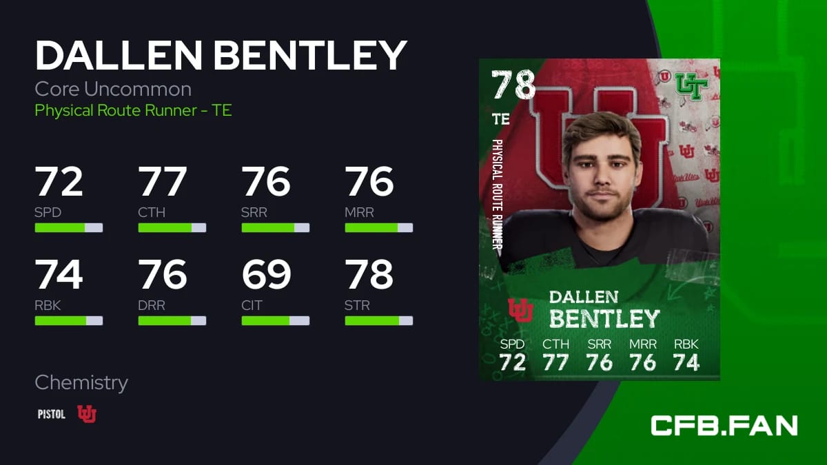 Dallen Bentley Core Uncommon 78 OVR - College Football 26 - CFB.FAN