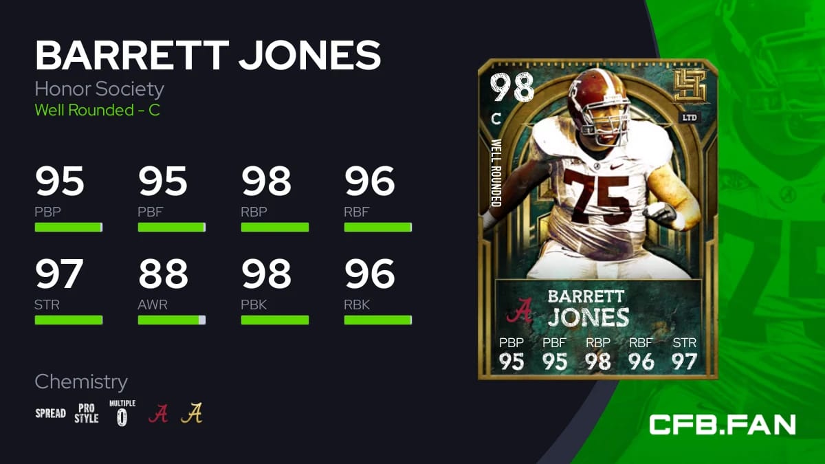 Barrett Jones Honor Society 98 OVR - College Football 26 - CFB.FAN